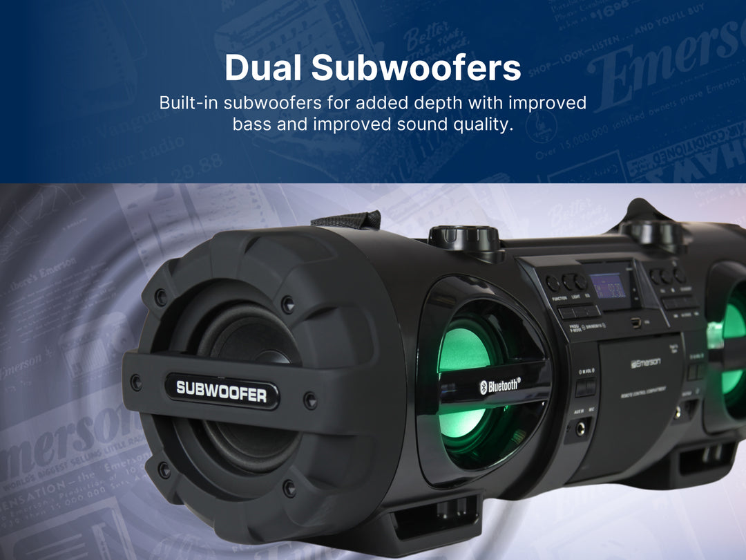 Dual Subwoofer Bluetooth® Boombox – EMERSONAUDIO