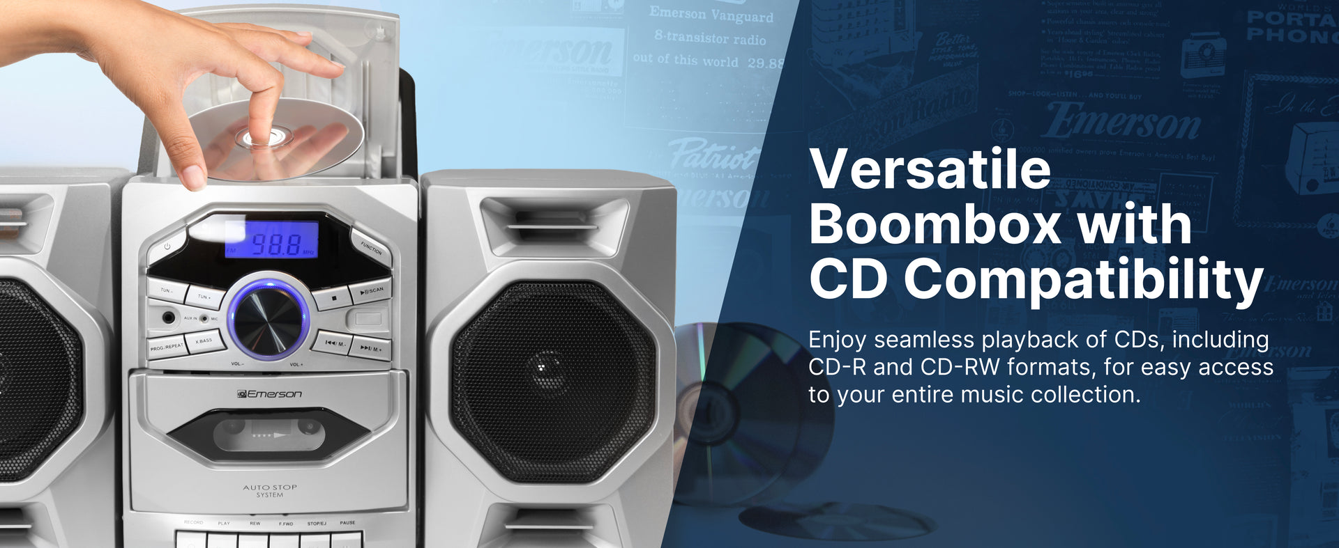 Portable CD & Cassette Stereo Boombox with AM/FM Radio – EMERSONAUDIO