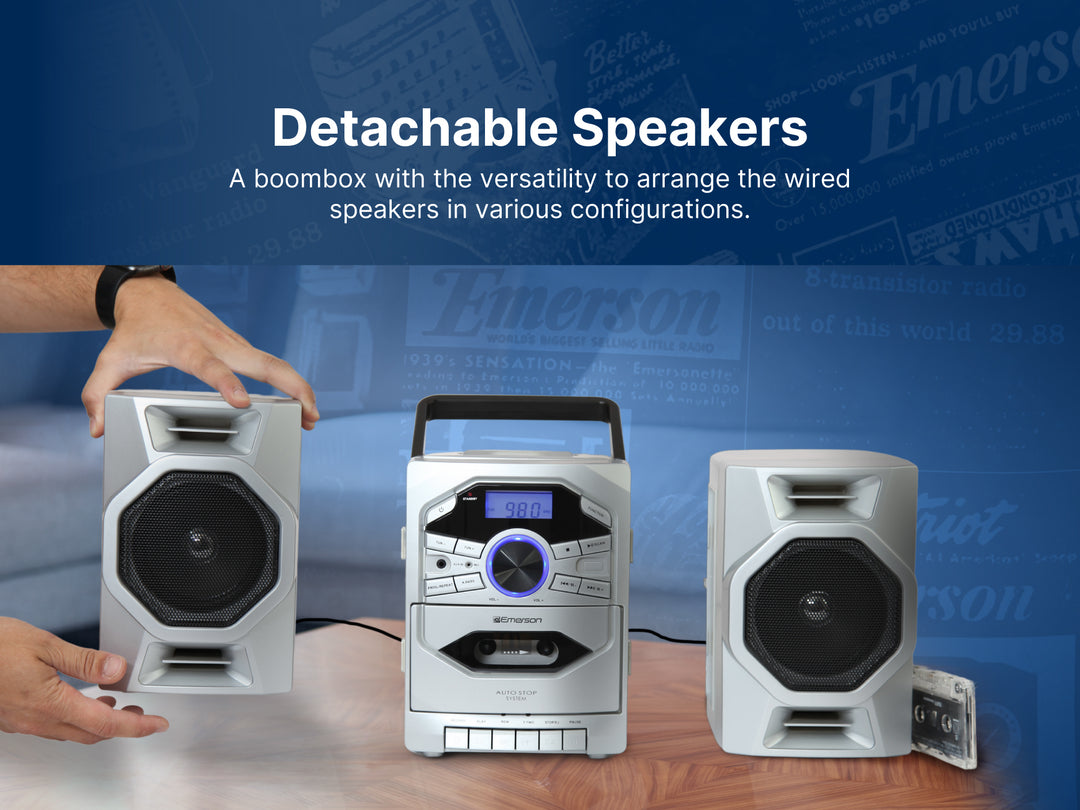 Portable CD & Cassette Stereo Boombox with AM/FM Radio – EMERSONAUDIO